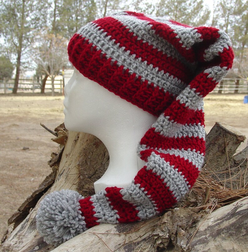 Handmade Crochet SRA Long Stocking Beanie Cap Hat Red Gray | Etsy