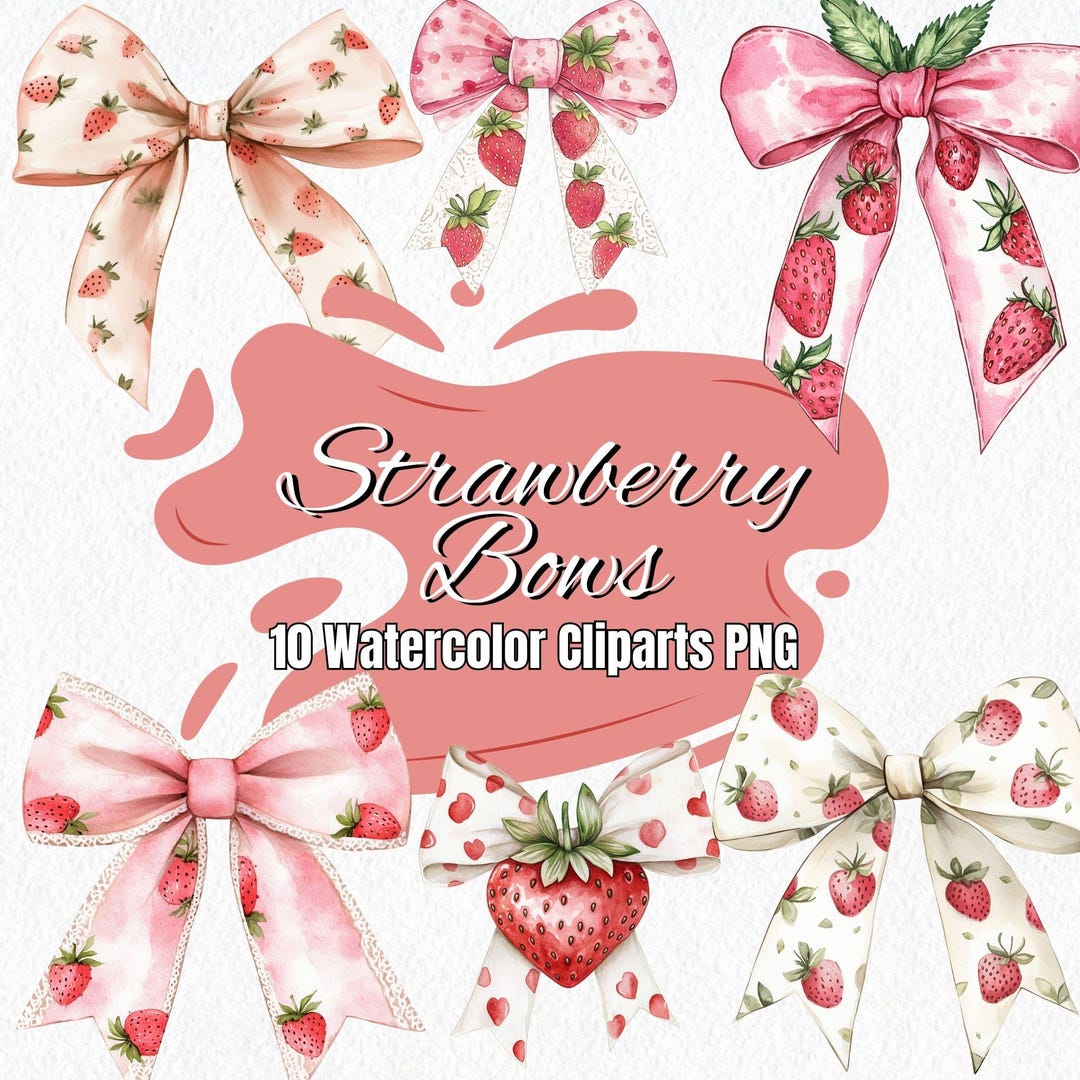 Watercolor Strawberry Pink Bows PNG Bundle, Coquette Strawberry ...