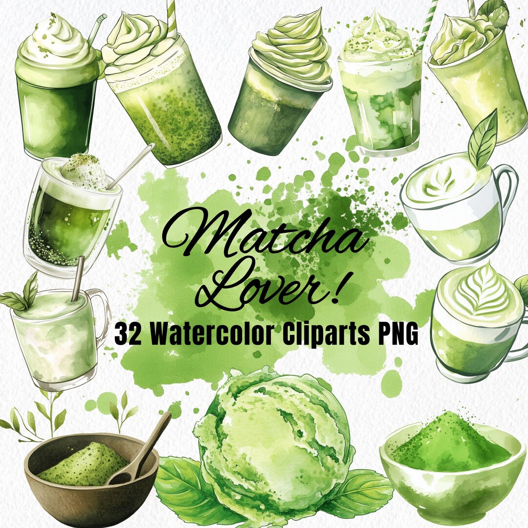 Watercolor Matcha Clipart Bundle, Green Tea Lovers, Matcha Lovers, Cute ...