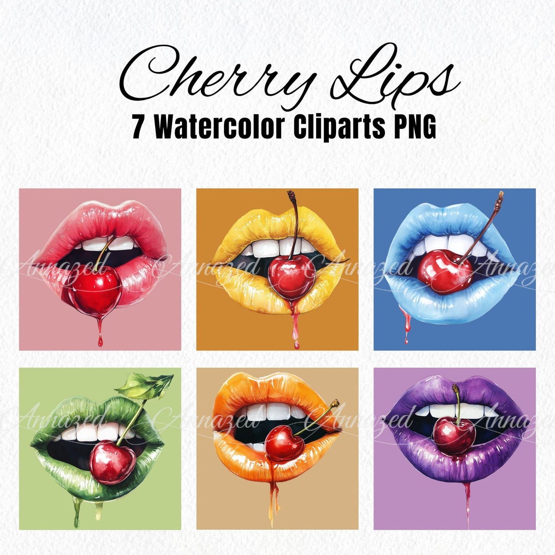Watercolor Lips Biting Cherry Clipart | Dripping Cherry Lips PNG | Cute ...