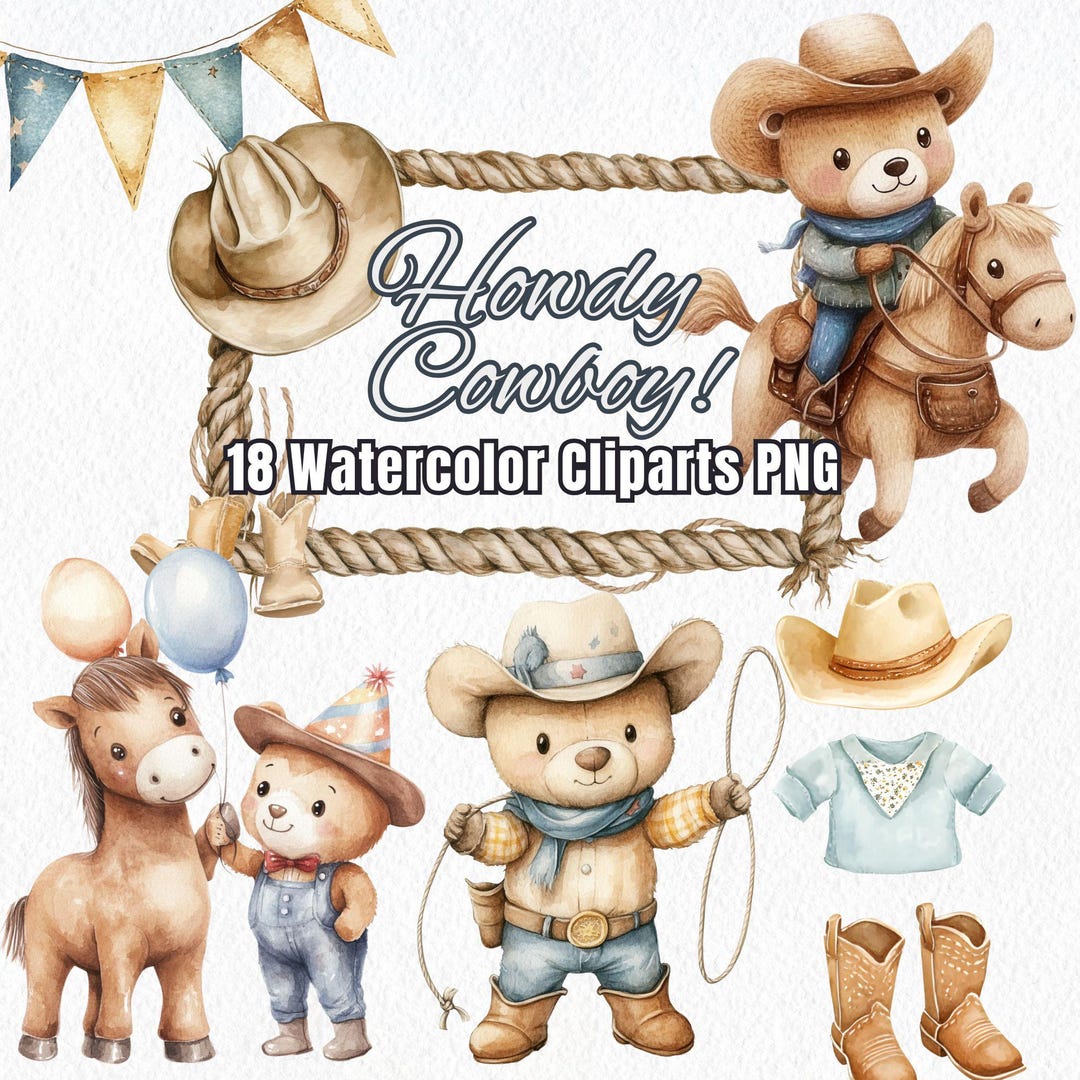 Cute Watercolor Cowboy Clipart, PNG Bundle Perfect for Invitations ...