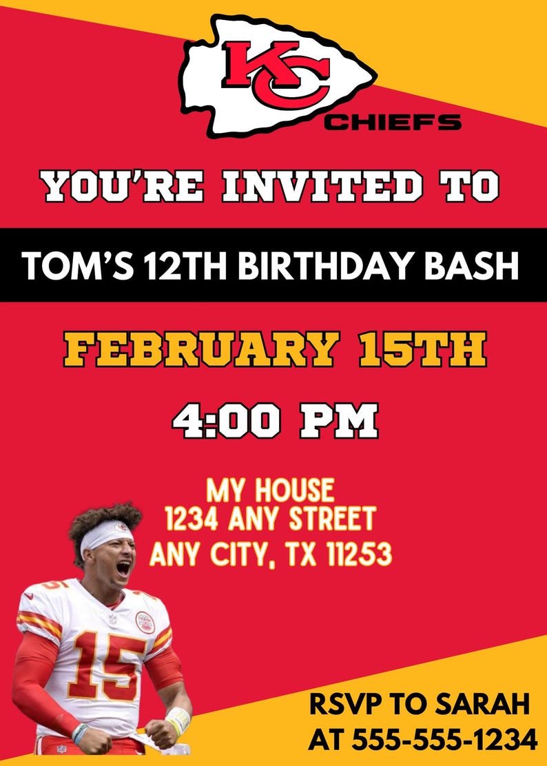 Patrick Mahomes Birthday Invitation Kansas City Chiefs Personalized NLF ...