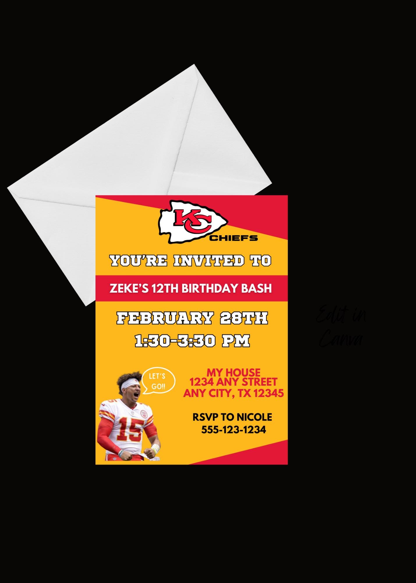Patrick Mahomes Birthday Invitation - Kansas City Chiefs - Personalized ...