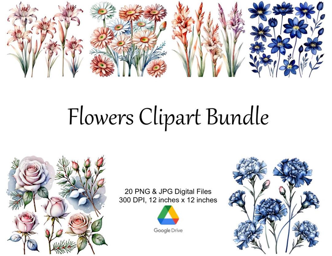 20 PNG Flower PNG Clipart Bundle, Watercolor Flowers, Wild Flower ...