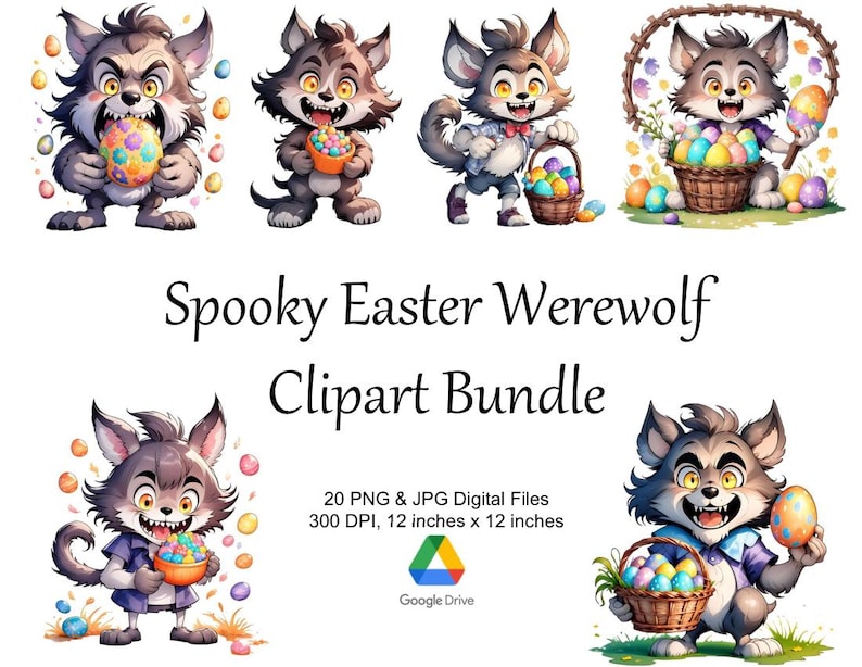 Spooky Easter Werewolf Clipart, 20 PNG Bundle, Easter Printable Gift ...
