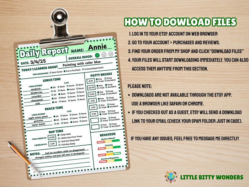 Downloadable Toddler Daily Report Sheet PDF - Printable Daycare Daily ...