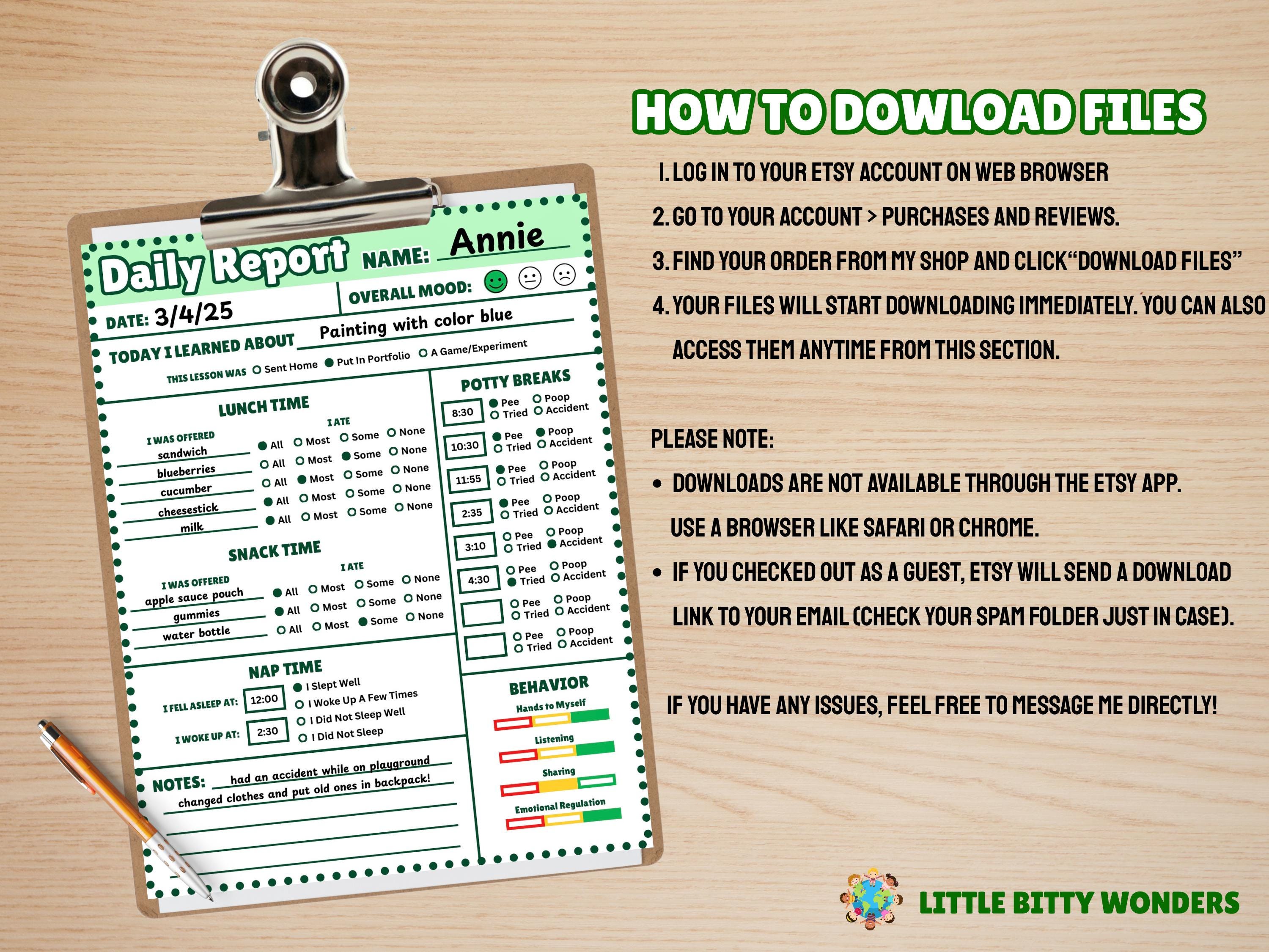 Downloadable Toddler Daily Report Sheet PDF - Printable Daycare Daily ...