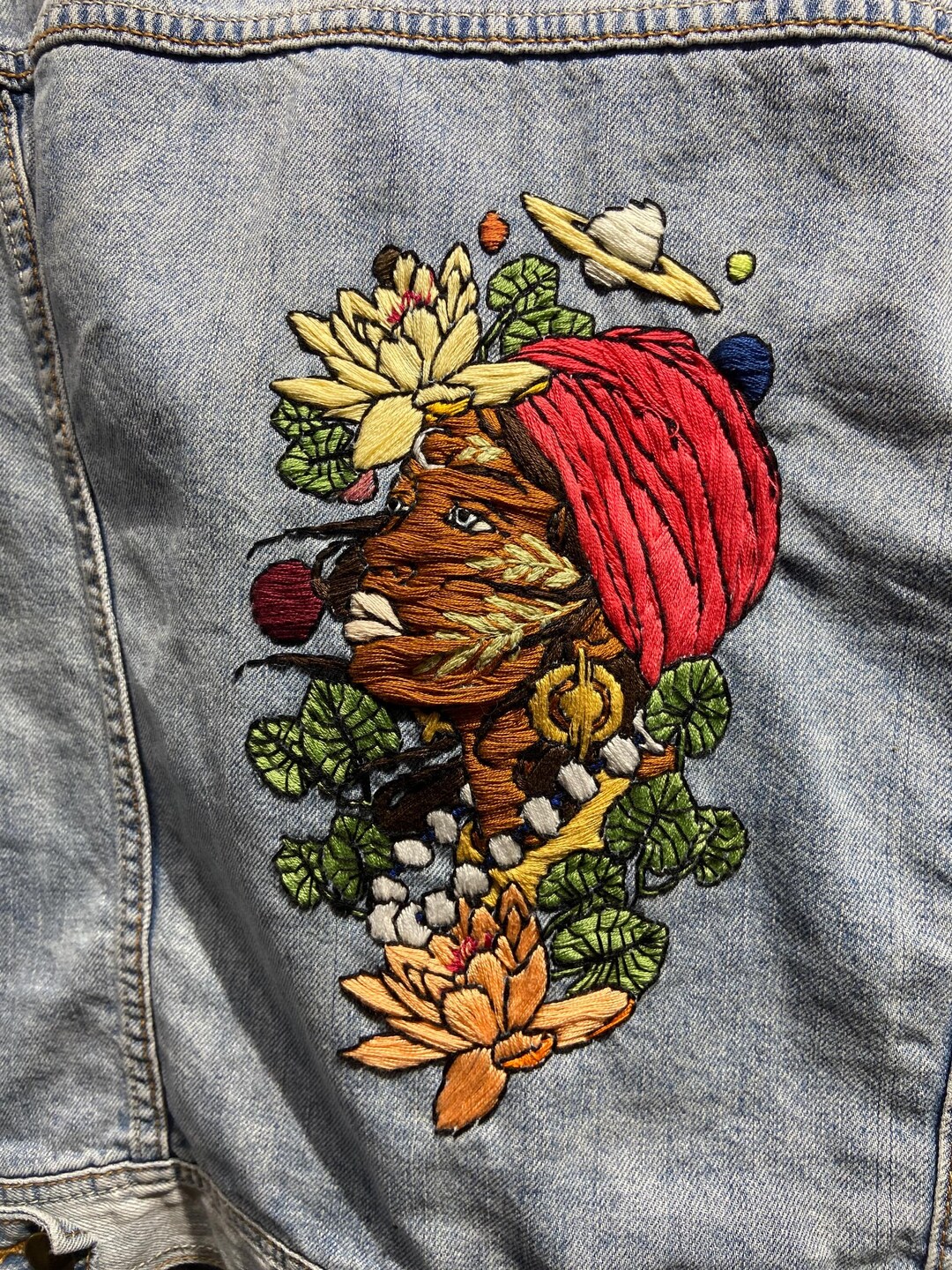 African Goddess Embroidery Hand Embroidered Denim Jacket Goddess Design ...