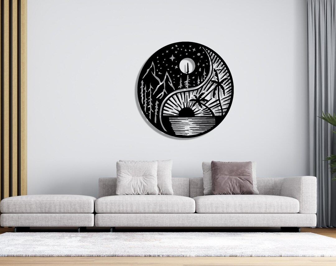 Yin Yang Metal Wall Decor - Nature Themed Sun and Moon, Mountain and ...
