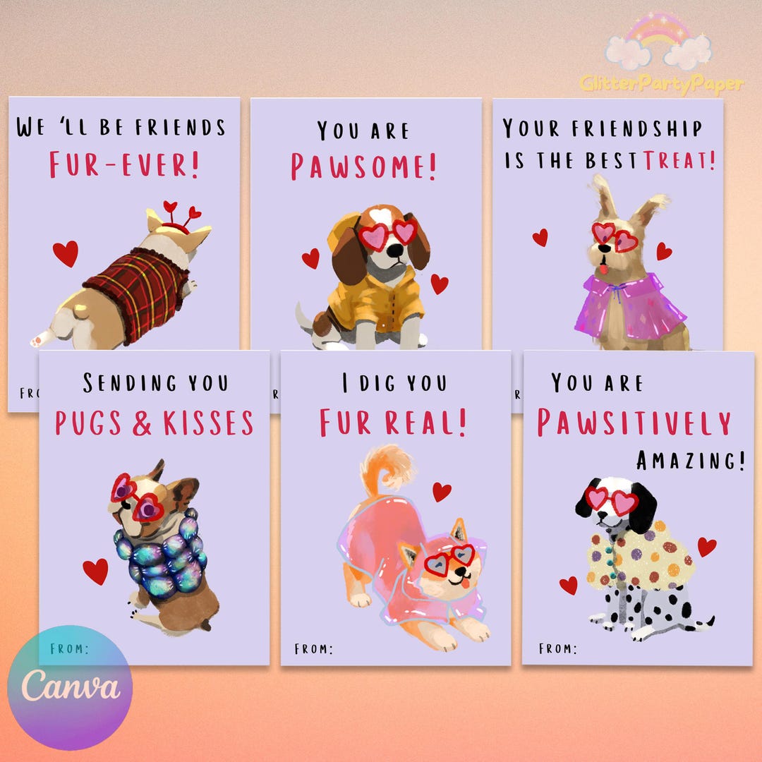 Printable Dog Valentine Cards, Classroom Valentine's Day Cards for Kids ...