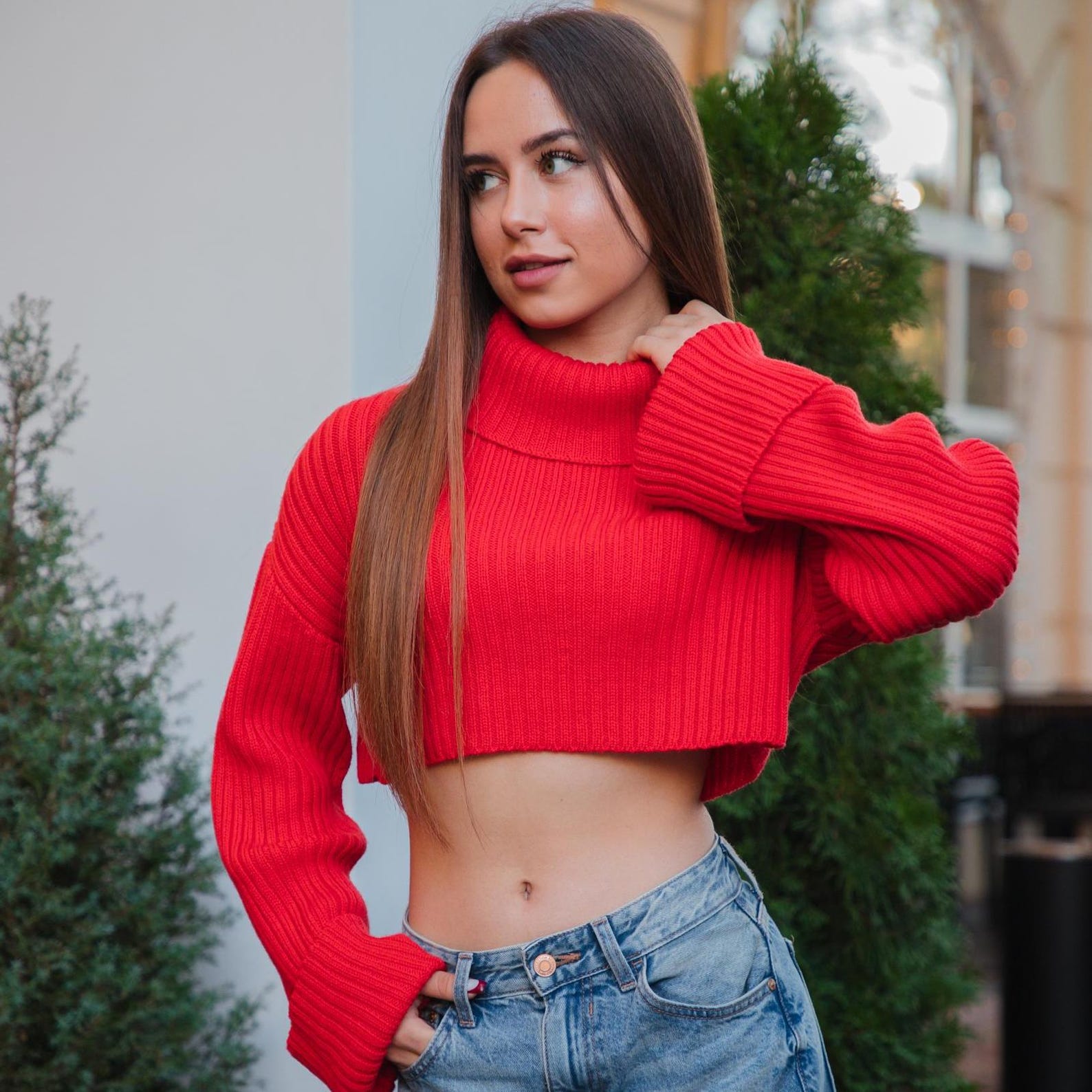 High-neck Red Cropped Sweater for Women Elegant Evening Sweater Knit ...