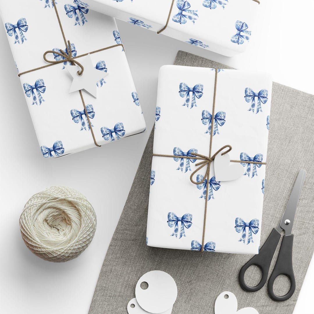 Blue Chinoiserie Bow Wrapping Paper - Vintage Toile Pattern, Premium ...