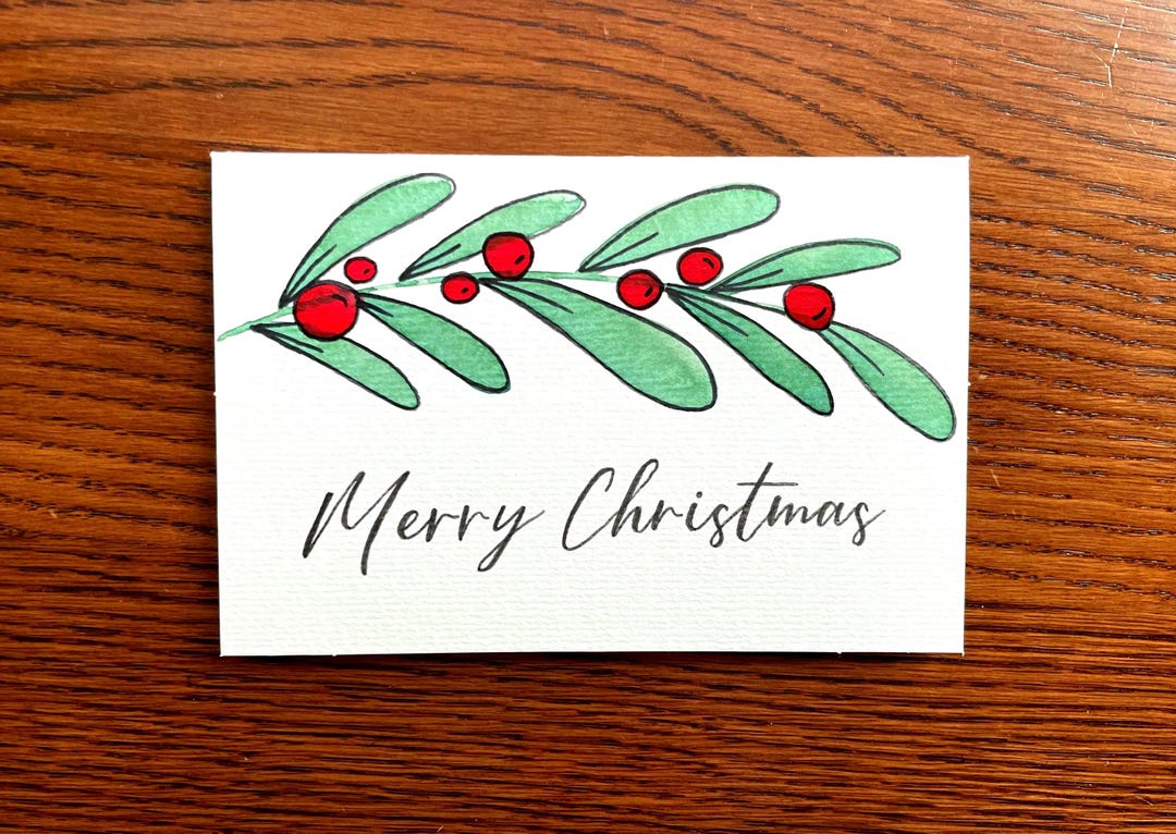 Hand-painted Watercolor Mistletoe Christmas Card With Green Leaves and ...
