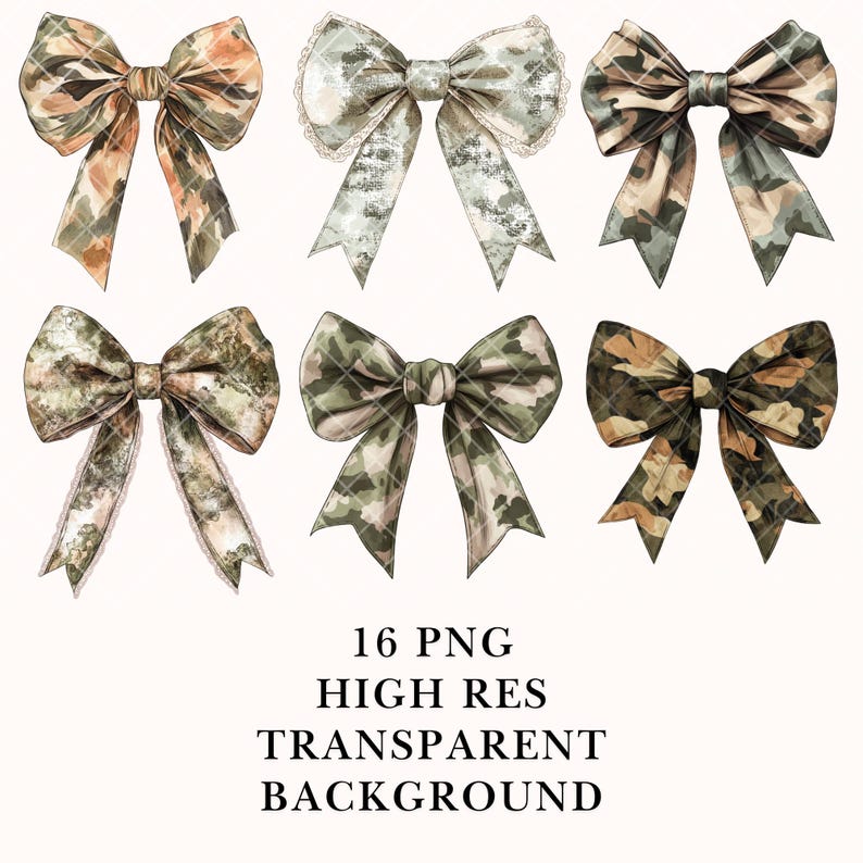 Camo Coquette Clipart Pack | Camouflage Bow Lace Watercolor ...