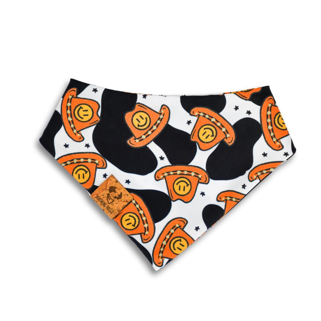 Smiley Cowboy - Pet Bandana, Curved Single Snap On, Western, Cow Print ...