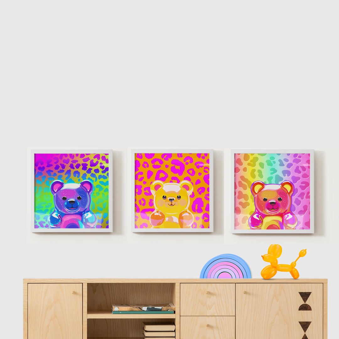 Colorful Gummy Bear Wall Art Set of 3 | Rainbow Leopard Gummy Bear ...
