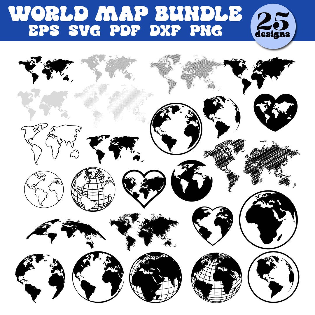 World Map SVG PNG Bundle, World Map DXF Vector, World Map Silhouette ...