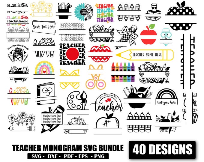 Teacher Monogram Svg Bundle, Teacher Name Svg, Teacher Split Monogram ...