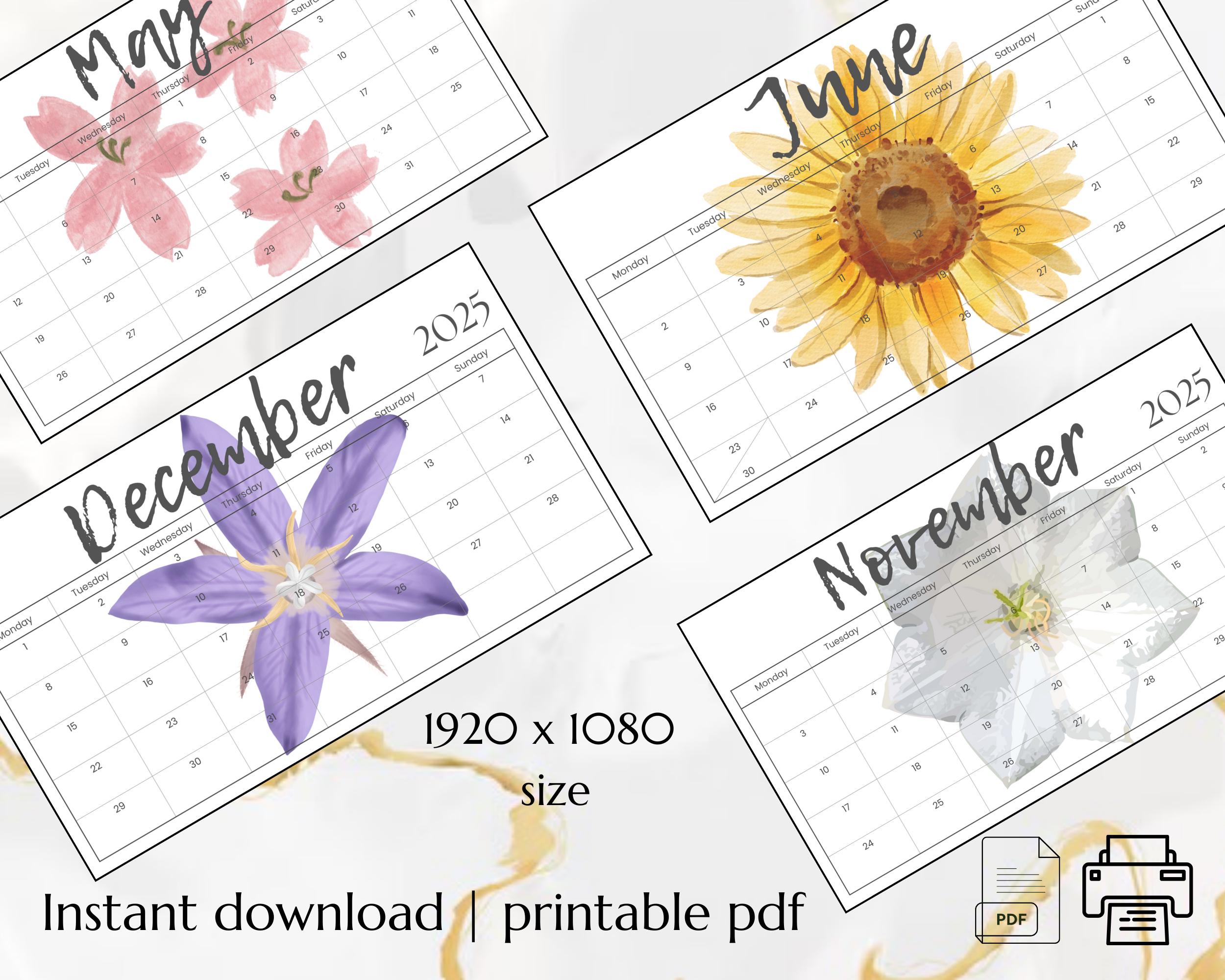 2025 Printable Monthly Calendar Sheets | Digital Calendar | Flower ...