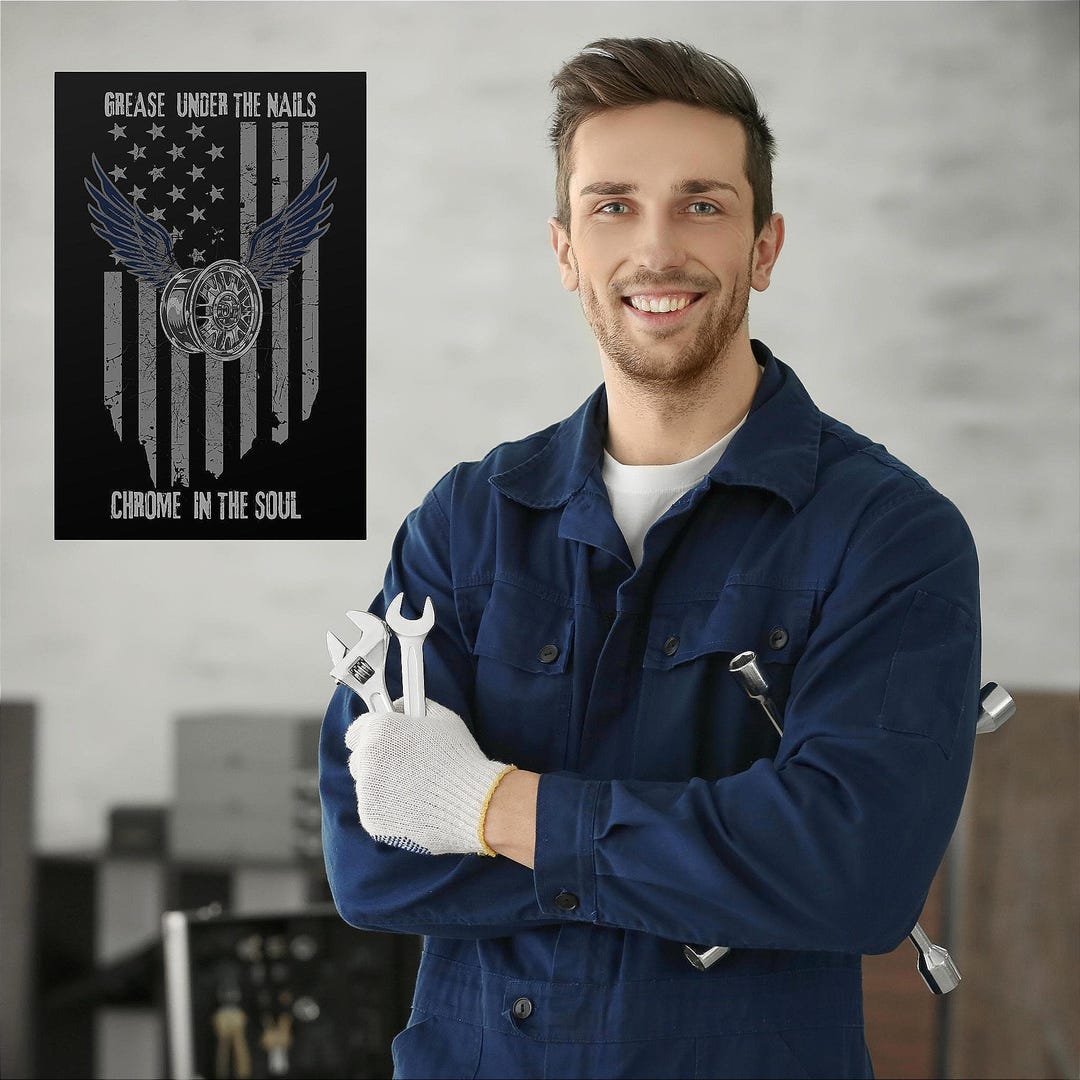 American Flag Car Poster, Grease Under the Nails, Mechanic Gift, Man ...