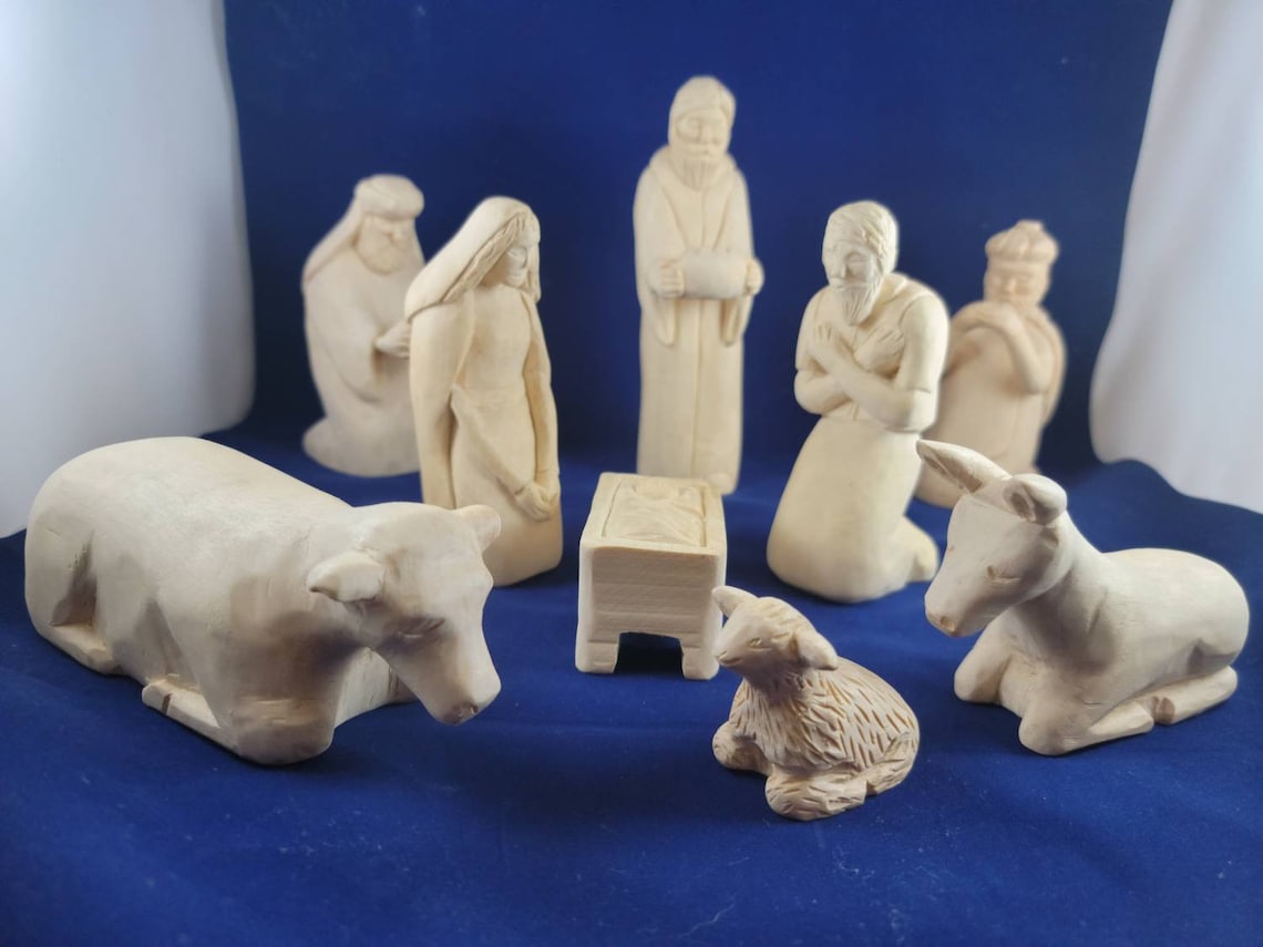 Nativity Set Hand Carved Wood 9 Pieces Christmas Sculpture Stylized ...