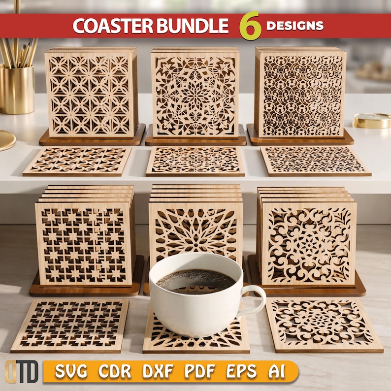 Laser Cut Coaster Bundle SVG, Wooden Coaster Patterns, 6 Square Coaster ...