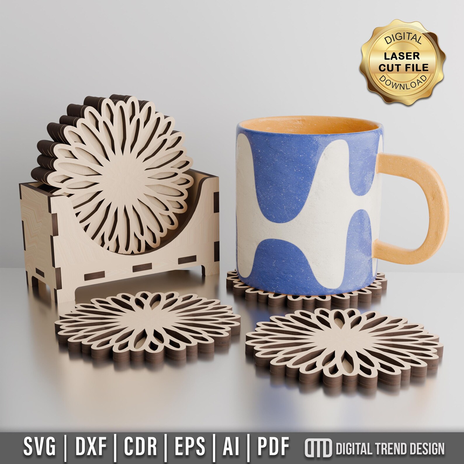 Laser Cut Coaster and Holder SVG File, Set of 6 Round Coasters With ...