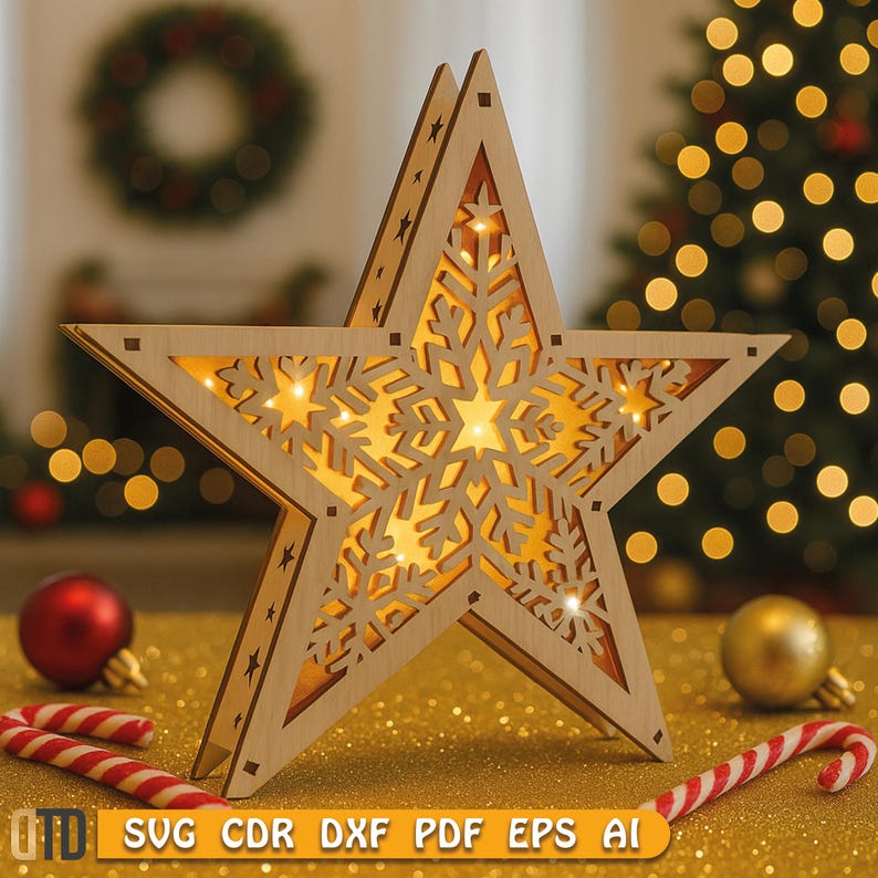 Christmas Star Lantern SVG, 3D Layered Snowflake Lamp Template, Laser ...