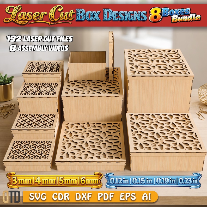 Laser Cut Box Bundle, 8 Box Designs SVG, Glowforge, CNC Cricut Ready ...