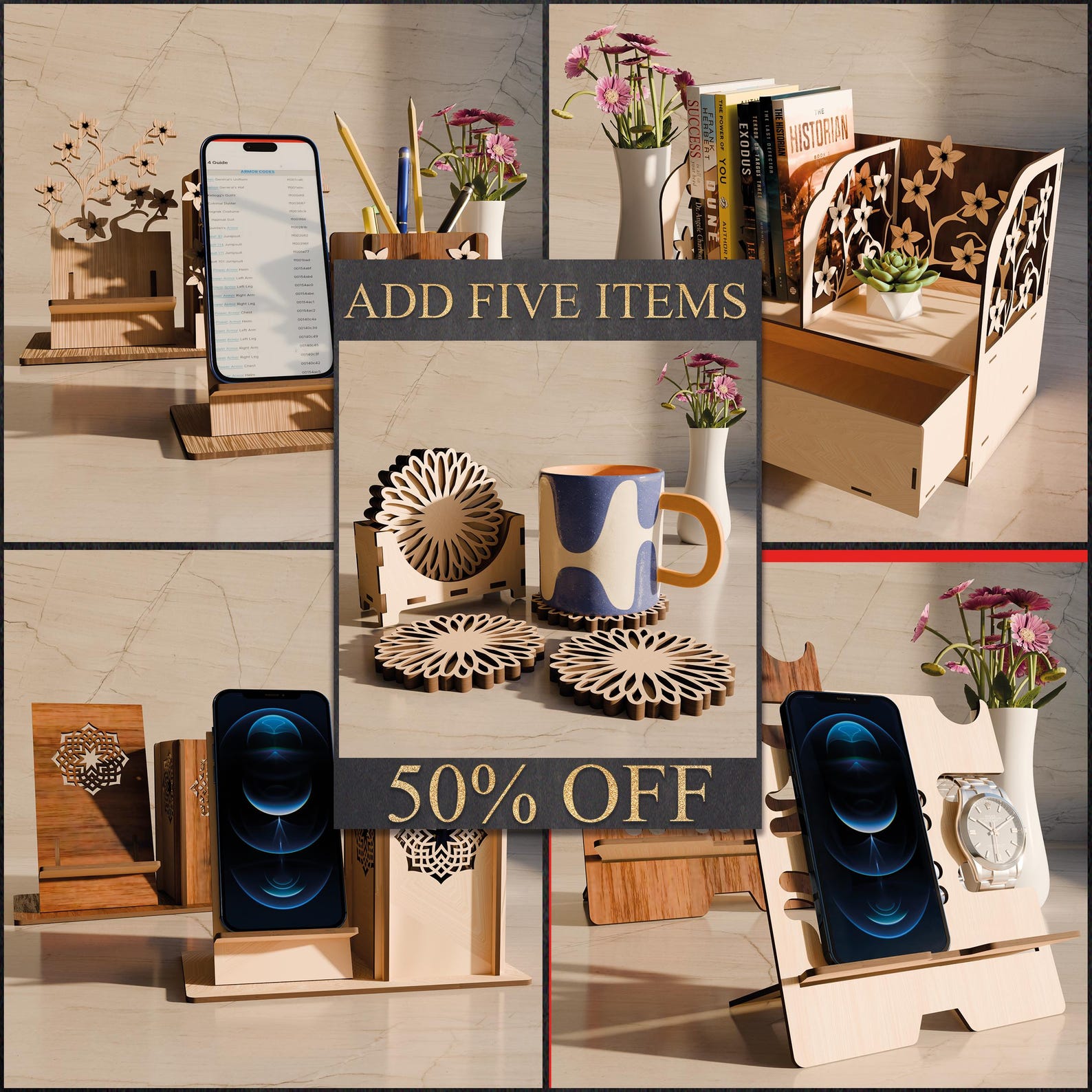 Laser Cut Coaster and Holder SVG File, Set of 6 Round Coasters With ...