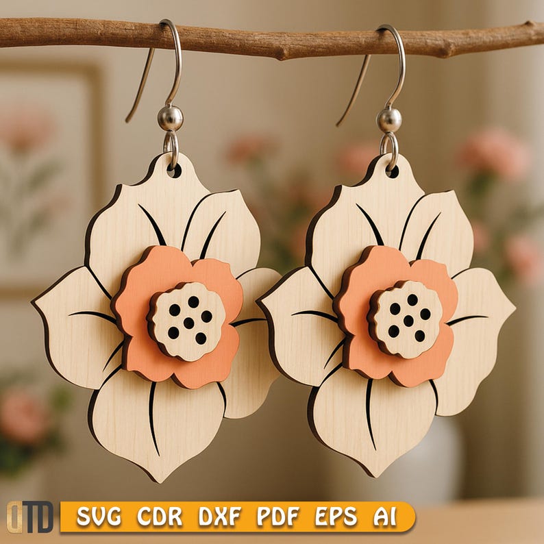 Floral Layered Earrings SVG, Laser Cut Earring Pattern, Flower Earrings ...