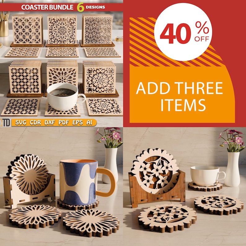 Laser Cut Coaster Bundle SVG, Wooden Coaster Patterns, 6 Square Coaster ...