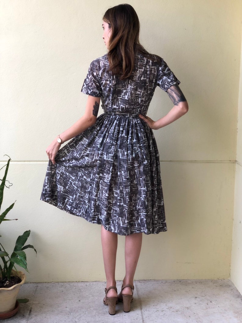 1950's Atomic Dress / Vintage Cotton Dress / Charcoal Gray and White ...