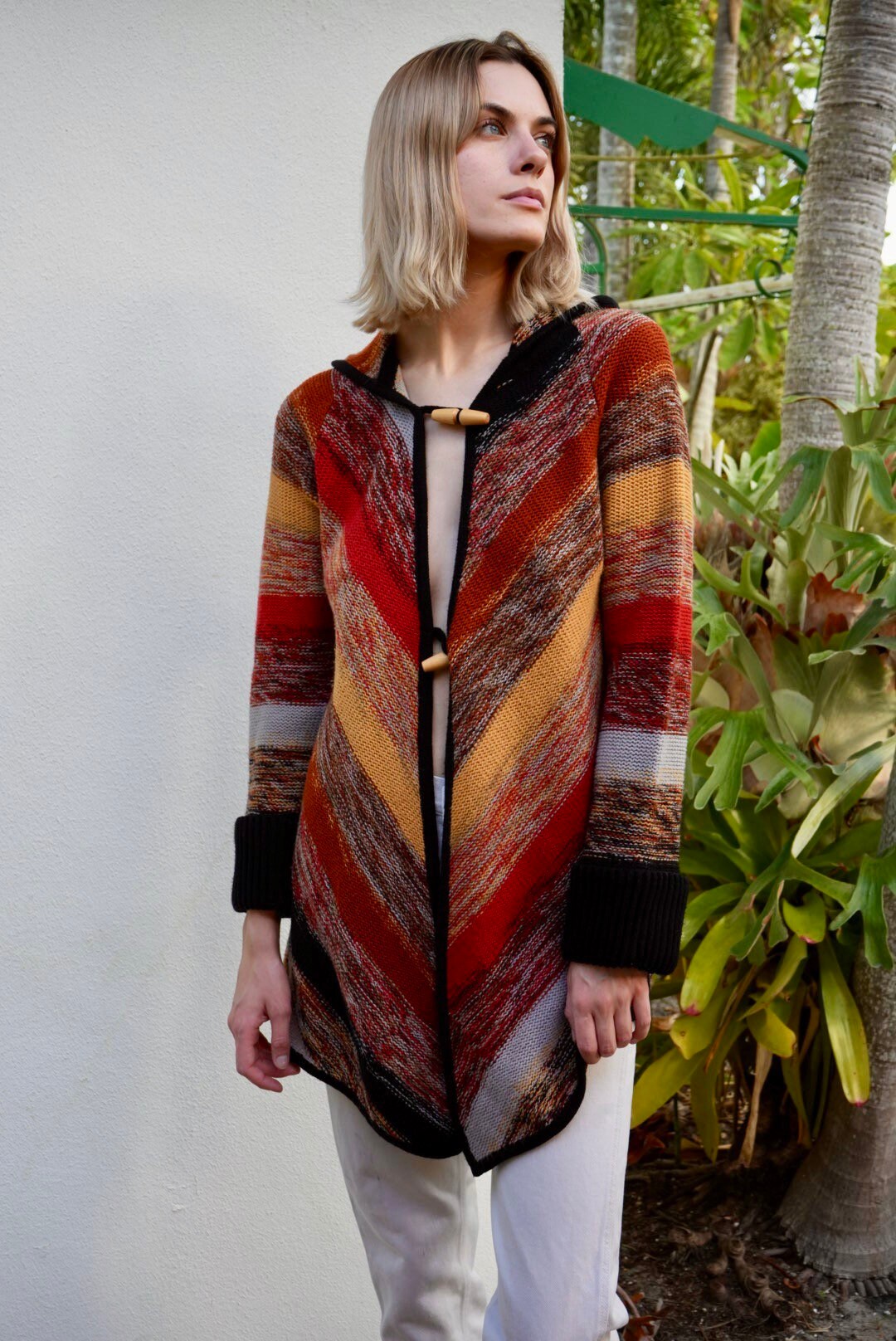 70s Hooded Cardigan / Toggle Button Sweater / Chevron Stripe Autumnal ...
