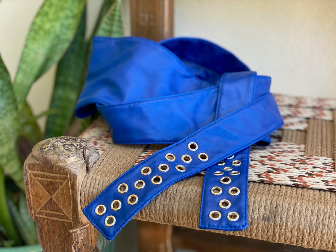 1980's Cobalt Blue Leather Tie Belt / Vintage Leather Grommet Belt ...