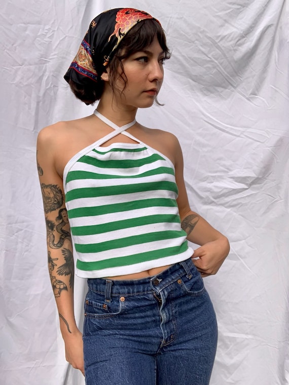 1970's Stripe Halter Top / Striped Nautical Summer Sh… - Gem