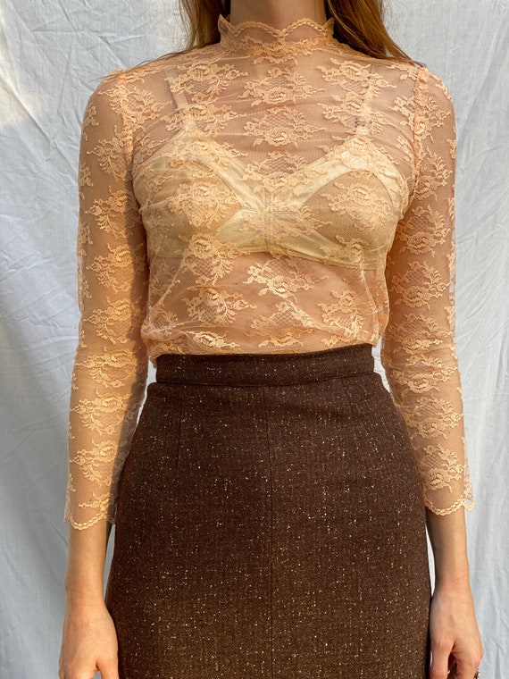1970's Lace Blouse / Peach Sheer Shirt / See Through … - Gem