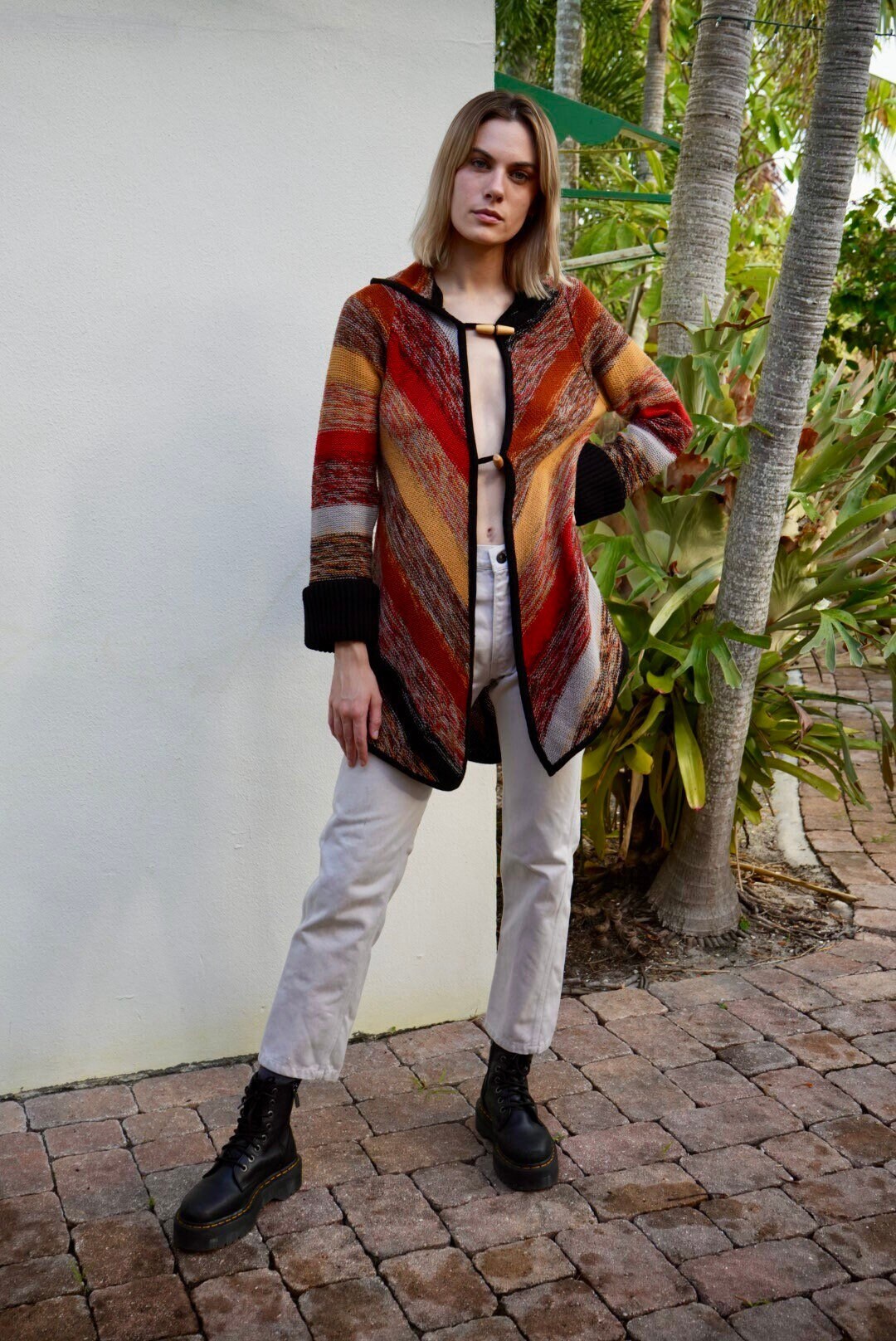70s Hooded Cardigan / Toggle Button Sweater / Chevron Stripe Autumnal ...