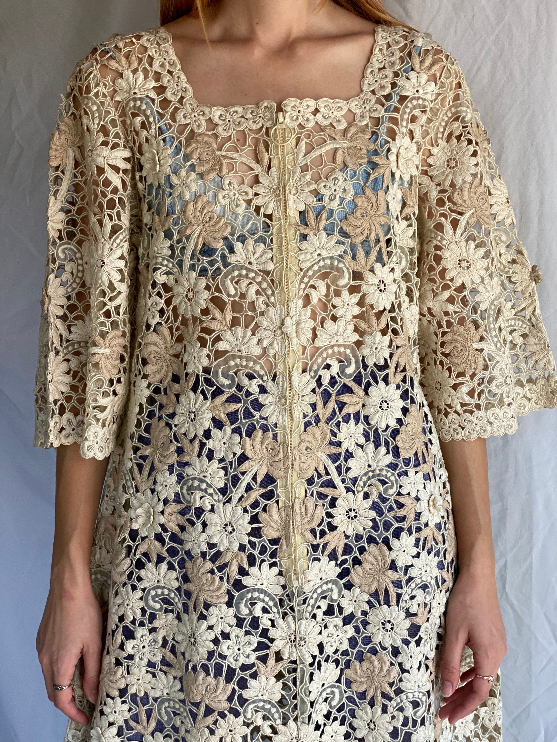 1960's Lace Maxi Dress / Plastic Front Zipper Sixties Lace Gown ...