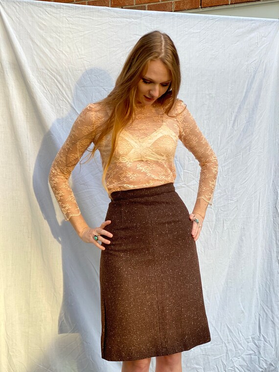 1970's Lace Blouse / Peach Sheer Shirt / See Through … - Gem