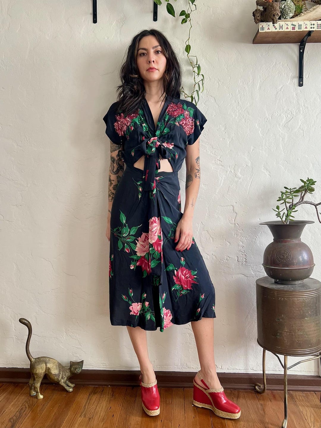 Vintage 1940s Dress With Midriff Cut Out / Rayon Floral Print With ...
