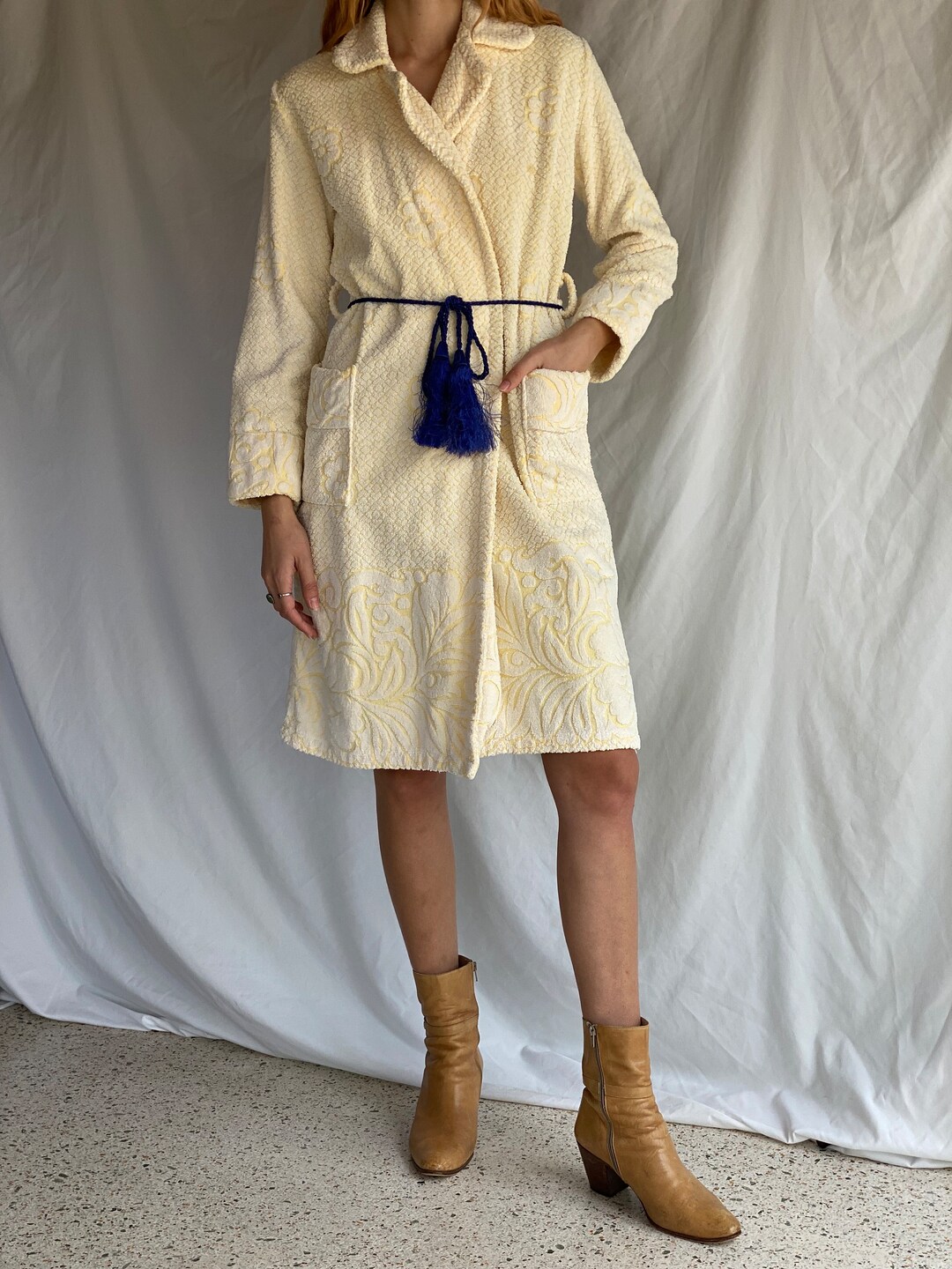 Vintage Terry Cloth Duster Jacket Robe / Towel Robe / Yellow and White ...