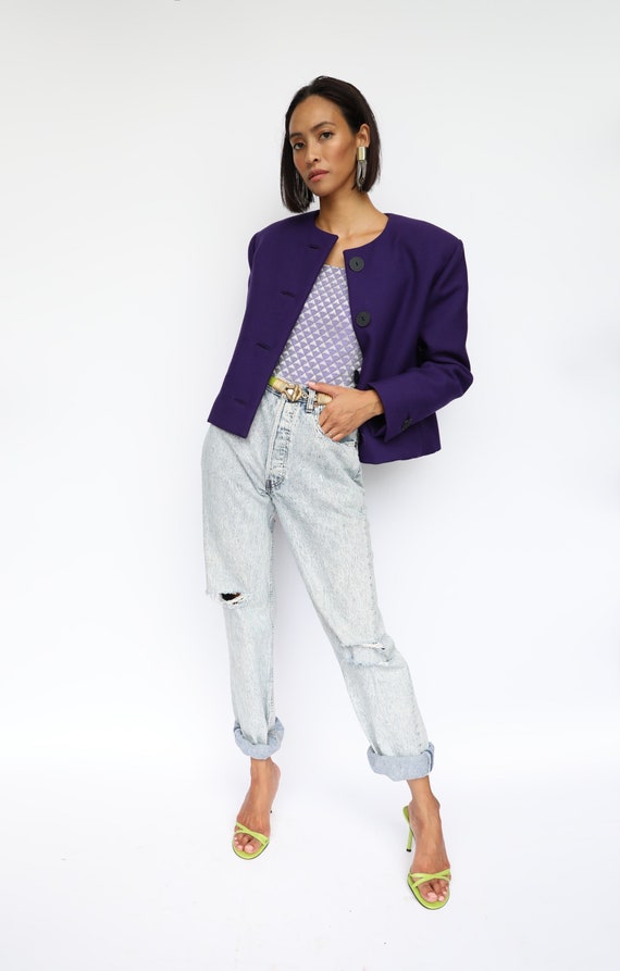 80s Purple Cropped Blazer Vintage Square Boxy Sport C… - Gem