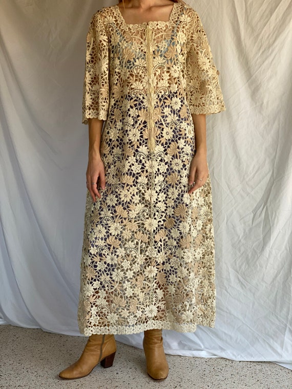 1960's Lace Maxi Dress / Plastic Front Zipper Sixties… - Gem