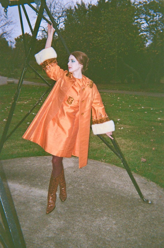 1960s Dress and Coat Suit Set / Bright Orange Dupioni… - Gem