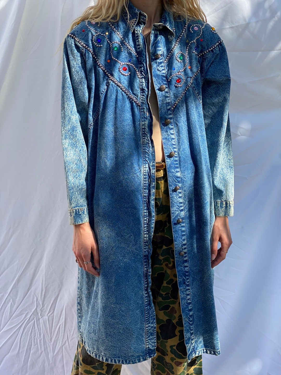 80's 90's Denim Trench Coat / Stonewash Studded Duster Jacket / Vintage ...