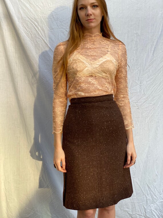 1970's Lace Blouse / Peach Sheer Shirt / See Through … - Gem