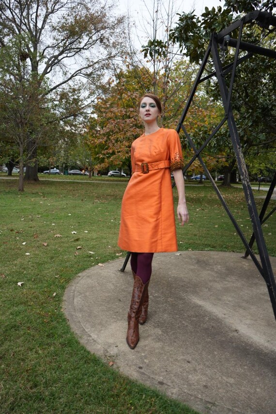 1960s Dress and Coat Suit Set / Bright Orange Dupioni… - Gem
