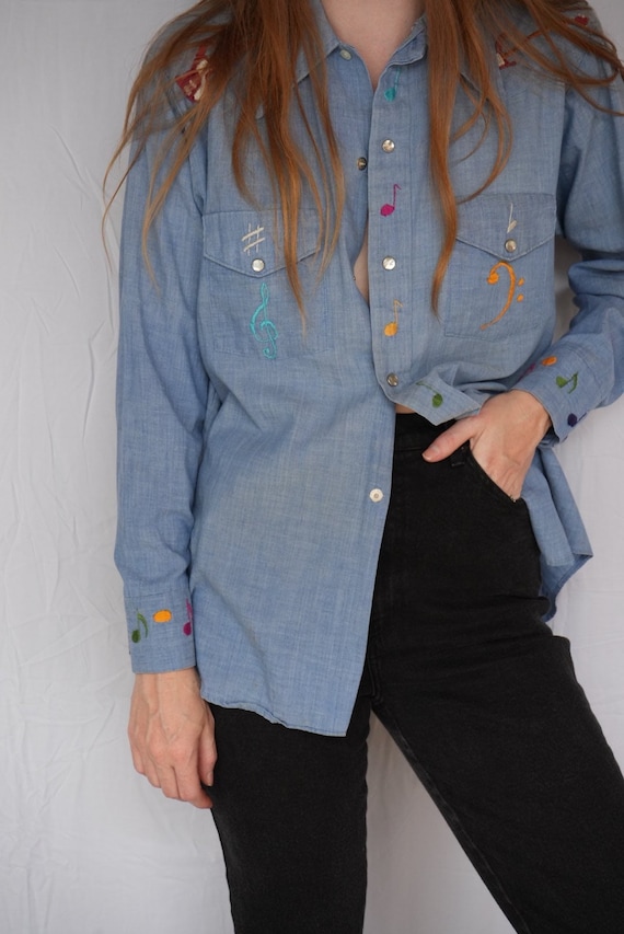 Vintage Western Shirt / Chambray Embroidered Shirt / … - Gem