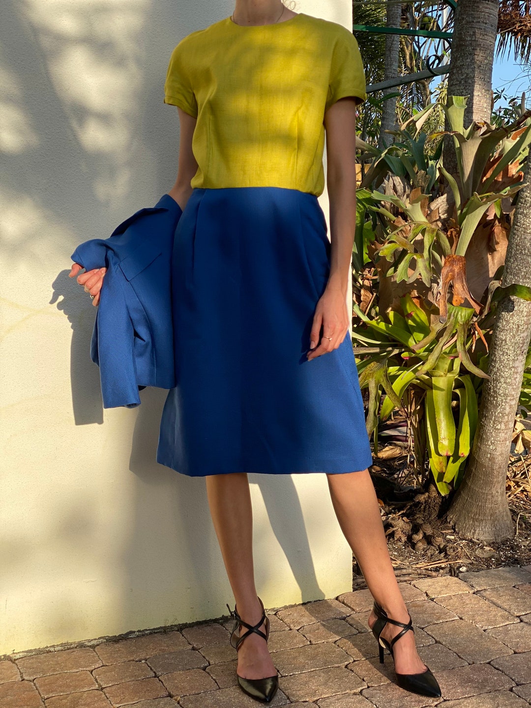 1960s Suit / Blue and Yellow Color Block Cropped Boxy Jacket Suit ...